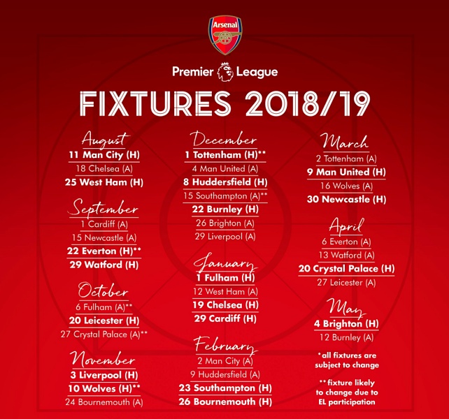 Premier League 18-19 fixture guide: Arsenal