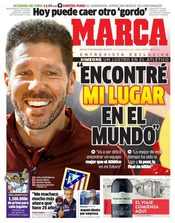 Les Unes des journaux sportifs en Espagne du 23 décembre 2016.