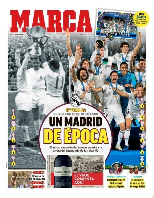 Les Unes des journaux sportifs en Espagne du 24 décembre 2018