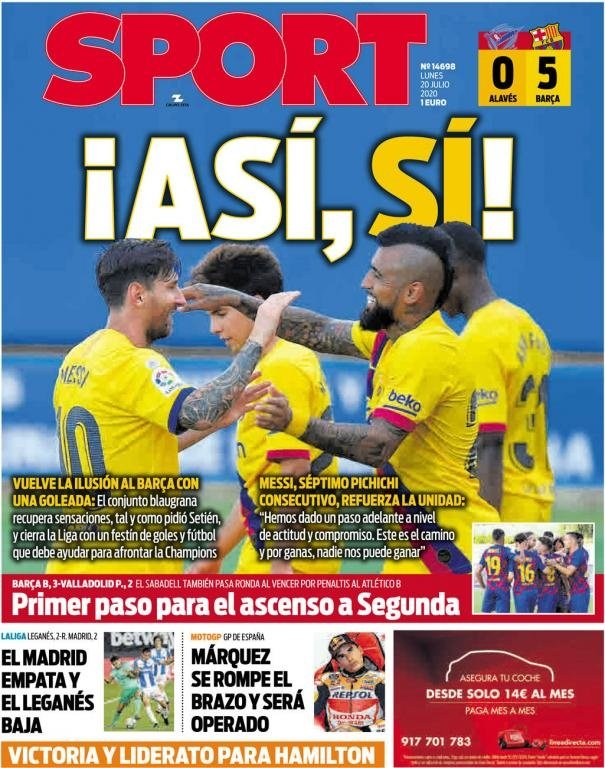 Les Unes des journaux sportifs en Espagne du 20 juillet 2020