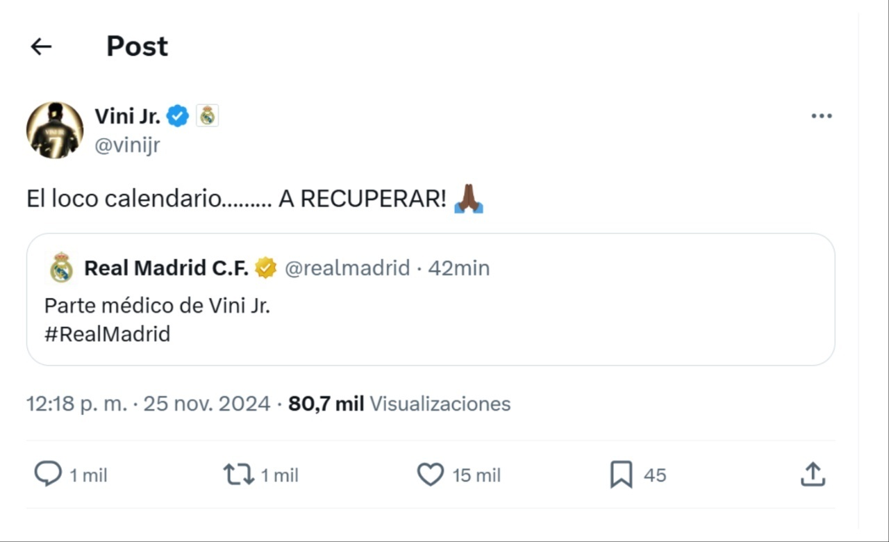 Vinicius apunta a la FIFA por su lesión: "El loco calendario..."
